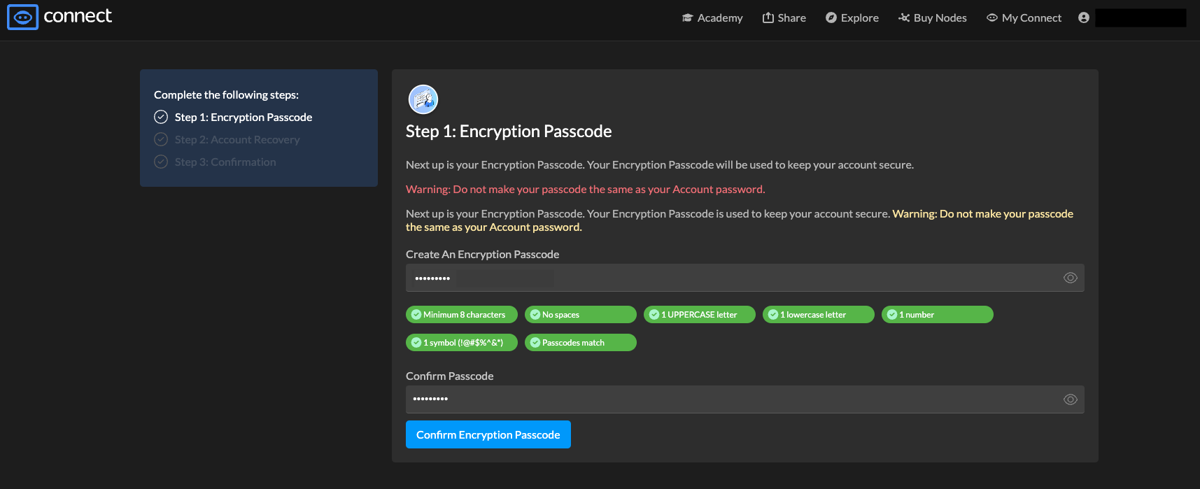 Encryption Passcode – Connect